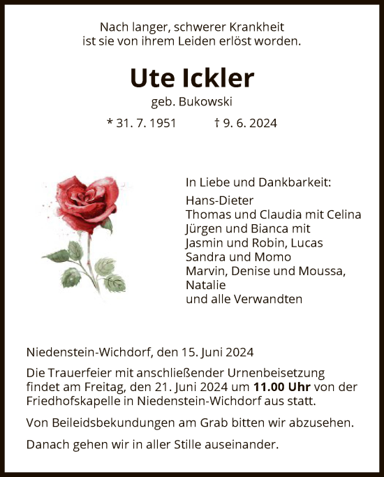Traueranzeigen von Ute Ickler | Trauer.HNA.de