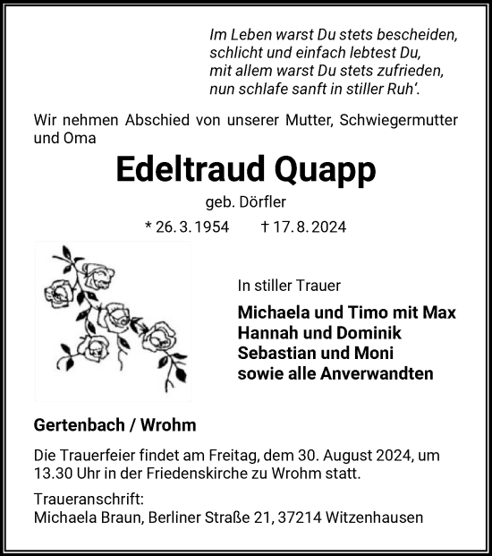 Traueranzeigen von Edeltraud Quapp | Trauer.HNA.de
