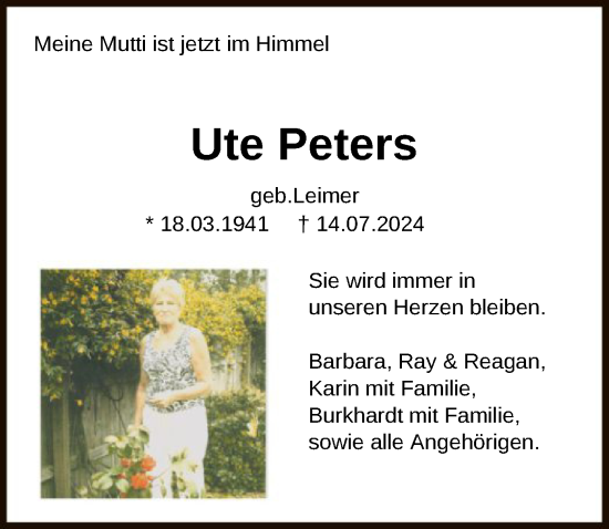 Traueranzeigen von Ute Peters | Trauer.HNA.de