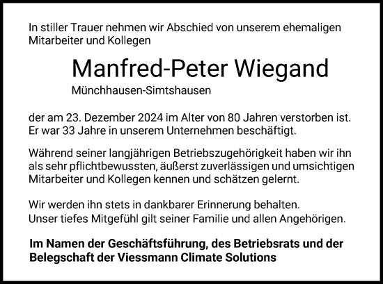 Traueranzeigen von Manfred-Peter Wiegand | Trauer.HNA.de