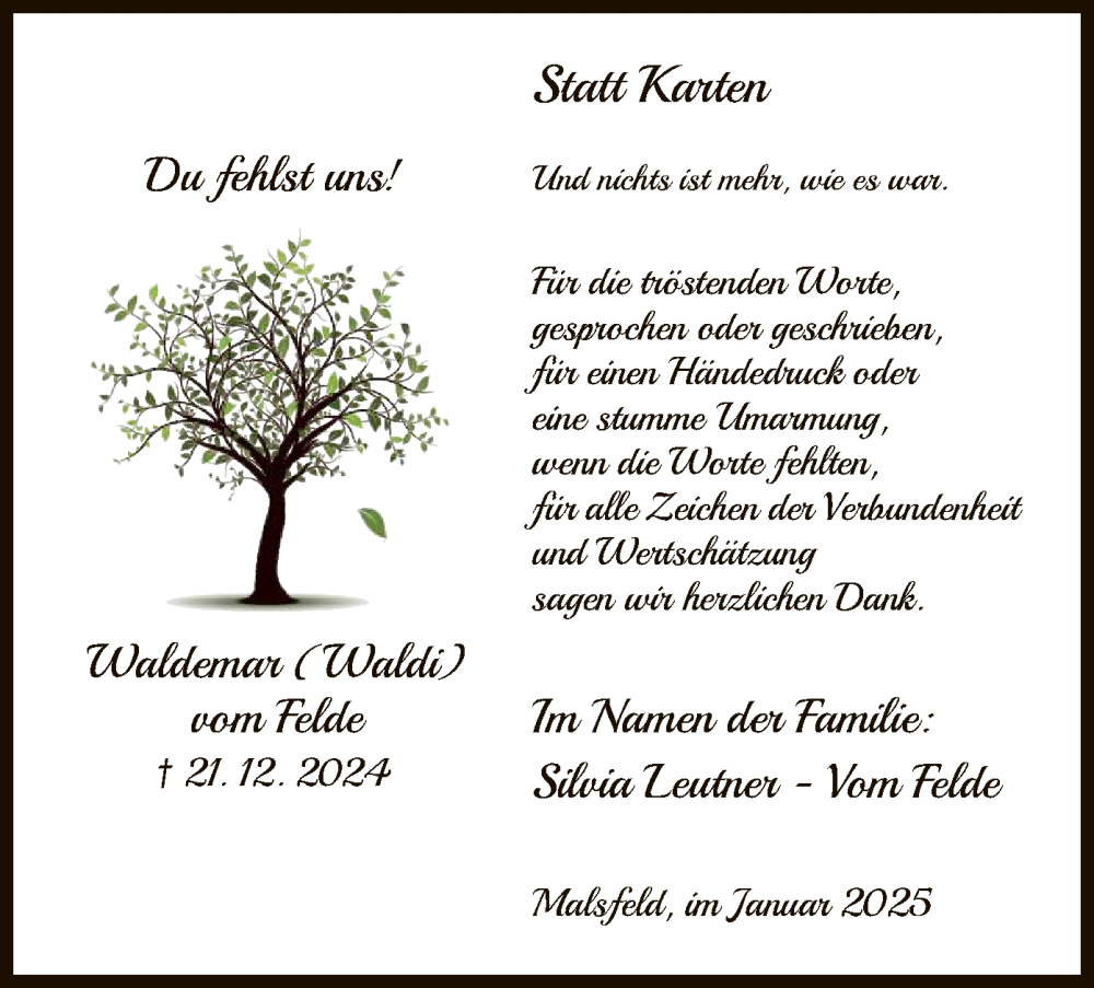 Traueranzeigen von Waldemar vom Felde | Trauer.HNA.de
