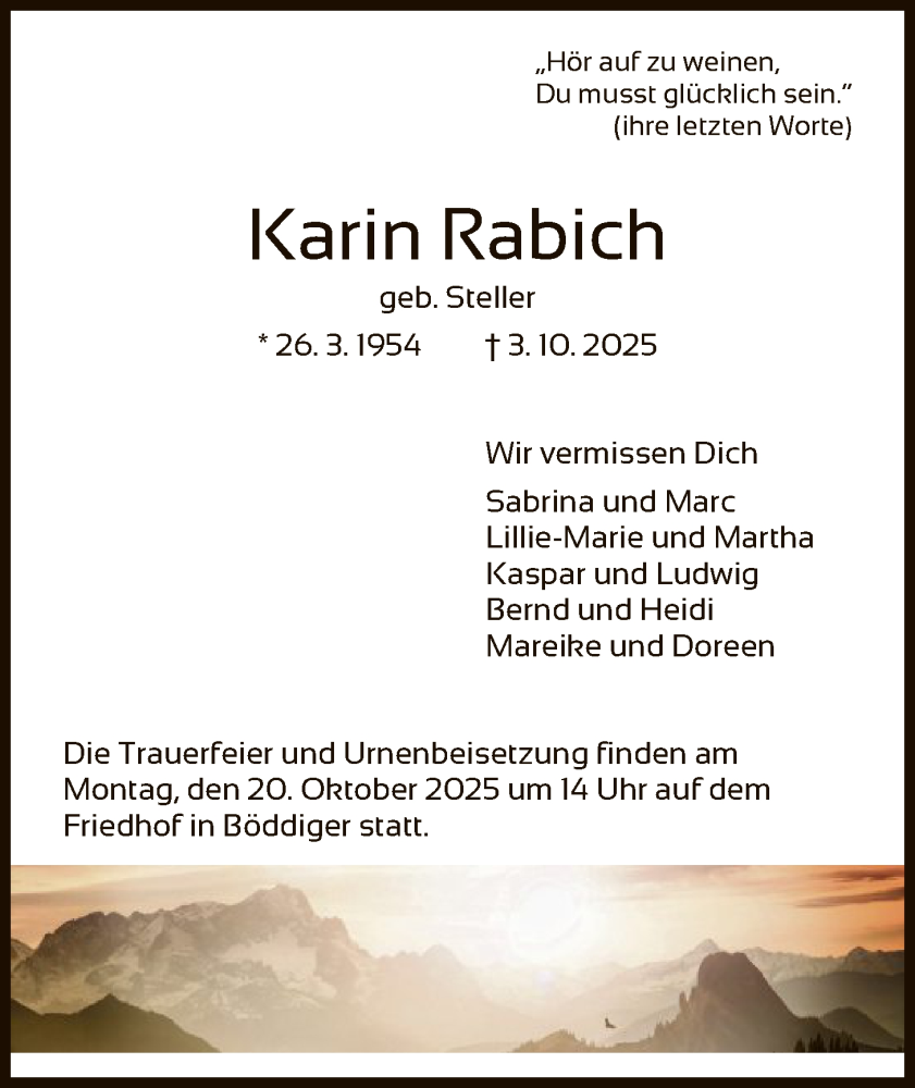Traueranzeigen von Karin Rabich | Trauer.HNA.de