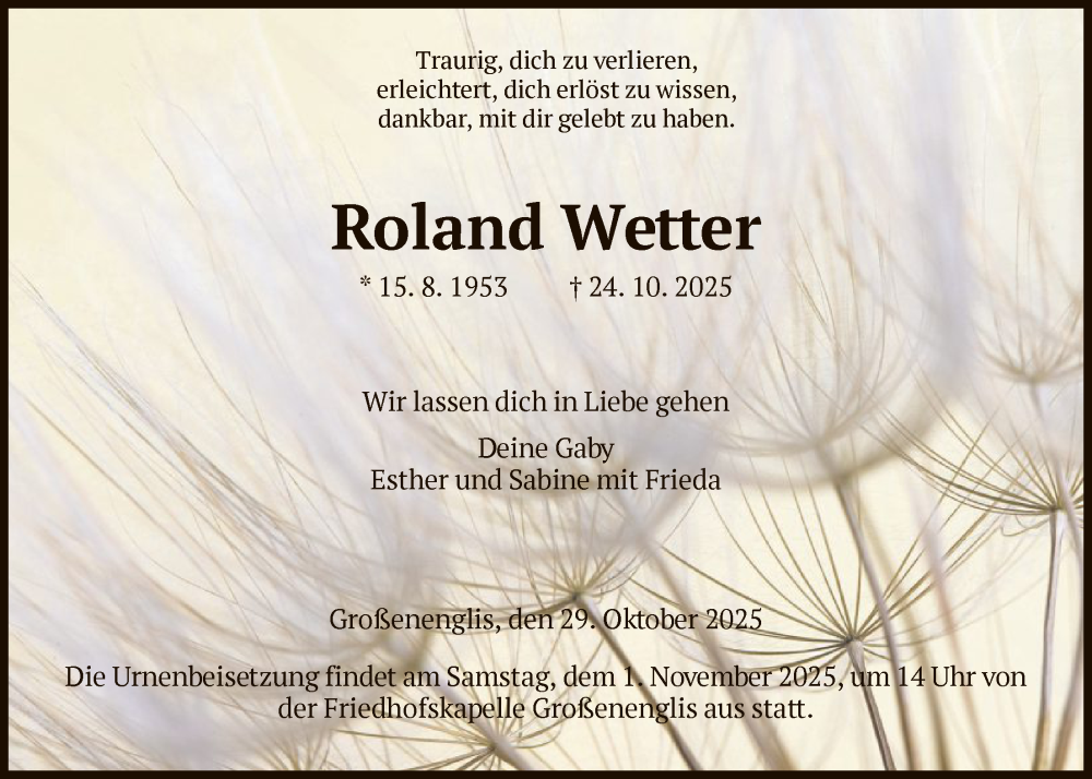 Traueranzeigen von Roland Wetter | Trauer.HNA.de