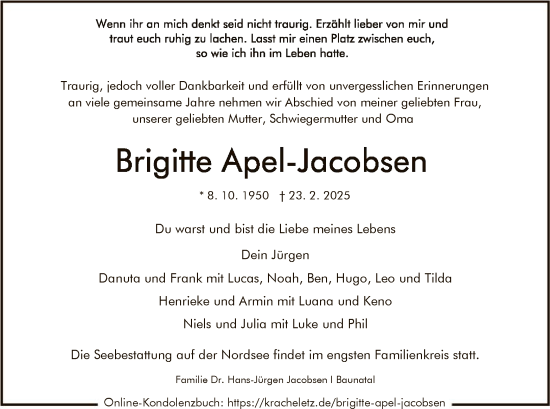Traueranzeigen von Brigitte Apel-Jacobsen | Trauer.HNA.de