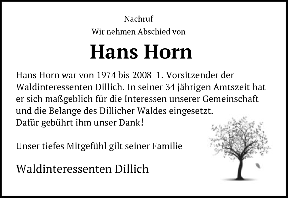Traueranzeigen von Hans Horn | Trauer.HNA.de