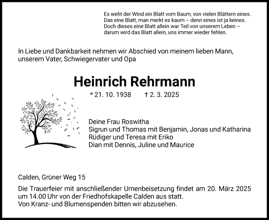 Traueranzeigen von Heinrich Rehrmann | Trauer.HNA.de