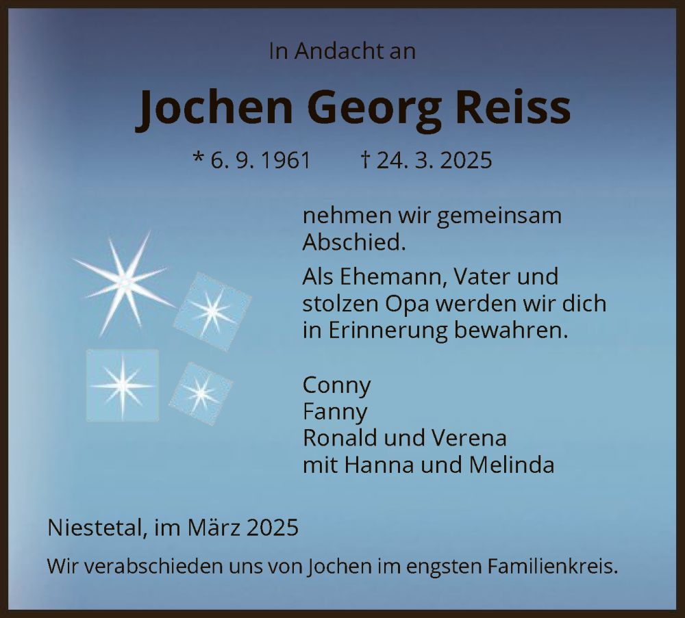 Traueranzeigen von Jochen Georg Reiss | Trauer.HNA.de
