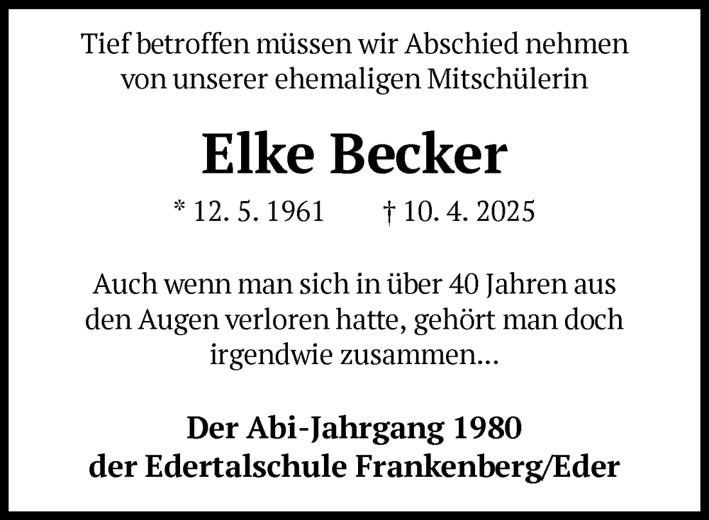 Traueranzeigen von Elke Becker | Trauer.HNA.de