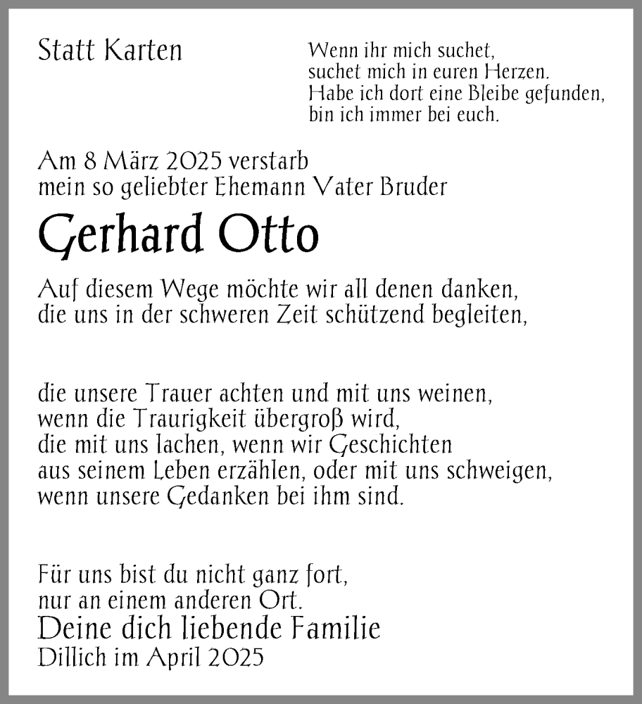 Traueranzeigen von Gerhard Otto | Trauer.HNA.de