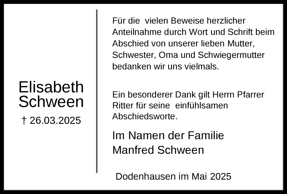 Traueranzeigen von Elisabeth Schween | Trauer.HNA.de