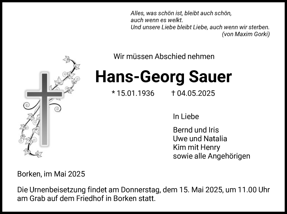 Traueranzeigen von Hans-Georg Sauer | Trauer.HNA.de