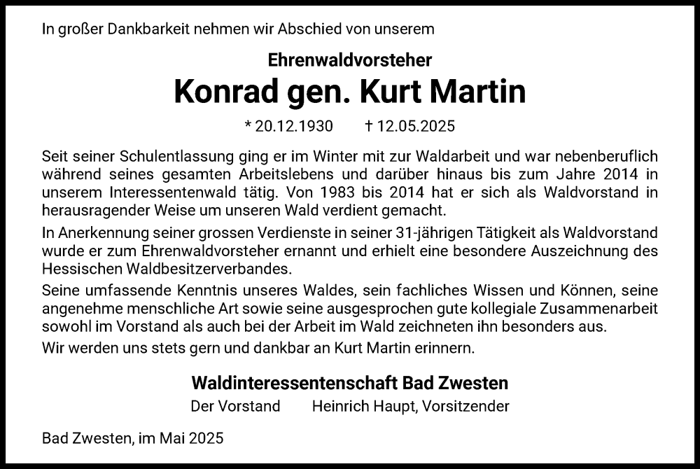 Traueranzeigen von Konrad Kurt Martin | Trauer.HNA.de