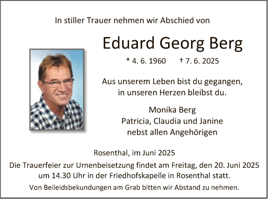 Traueranzeigen von Eduard Georg Berg | Trauer.HNA.de
