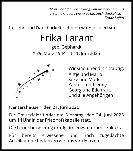 Traueranzeigen von Erika Tarant | Trauer.HNA.de