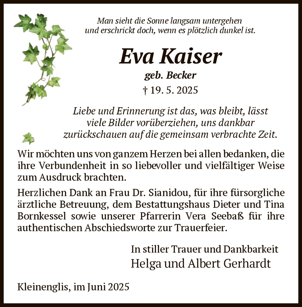 Traueranzeigen von Eva Kaiser | Trauer.HNA.de