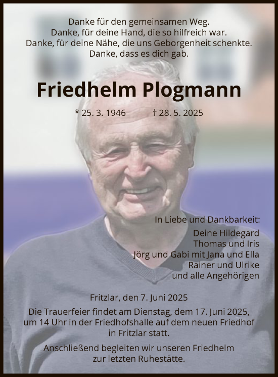 Traueranzeigen von Friedhelm Plogmann | Trauer.HNA.de
