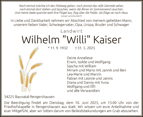 Traueranzeigen von Wilhelm Kaiser | Trauer.HNA.de