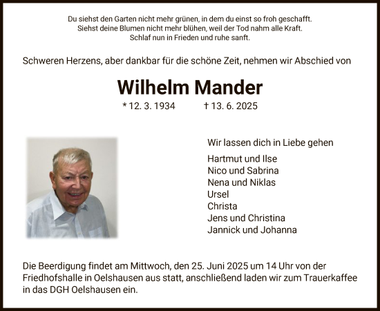 Traueranzeigen von Wilhelm Mander | Trauer.HNA.de