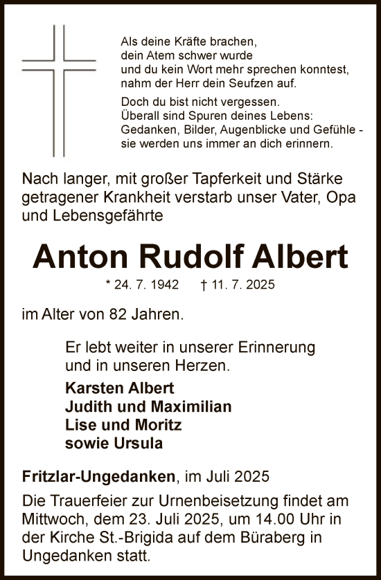 Traueranzeigen von Anton Rudolf Albert | Trauer.HNA.de