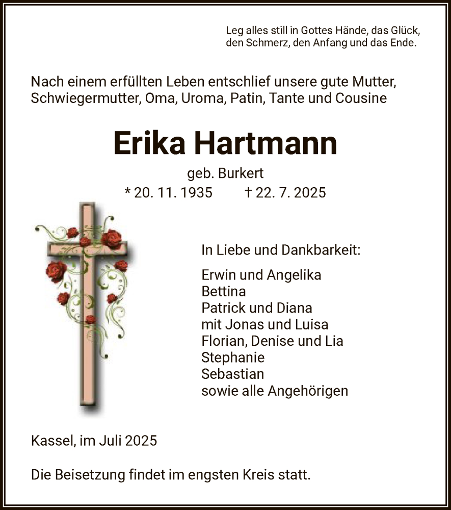 Traueranzeigen von Erika Hartmann | Trauer.HNA.de