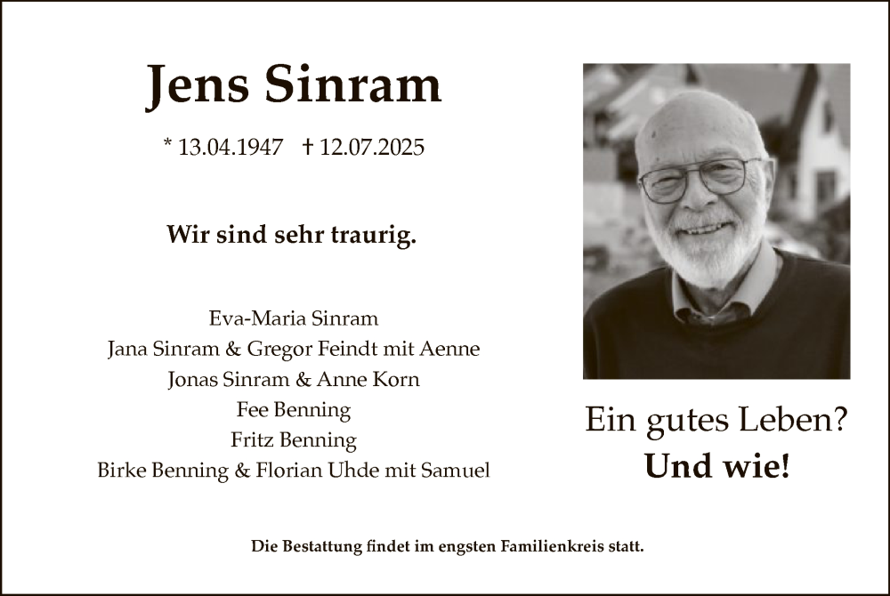 Traueranzeigen von Jens Sinram | Trauer.HNA.de