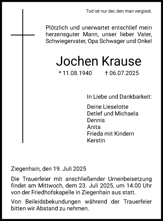 Traueranzeigen von Jochen Krause | Trauer.HNA.de