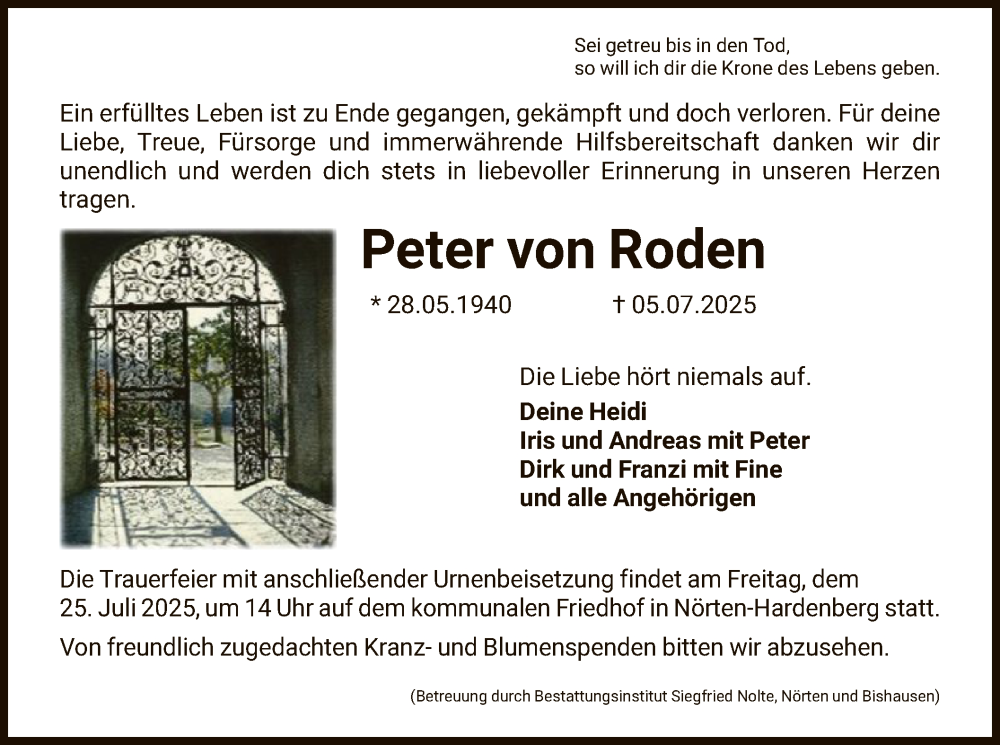Traueranzeigen von Peter von Roden | Trauer.HNA.de