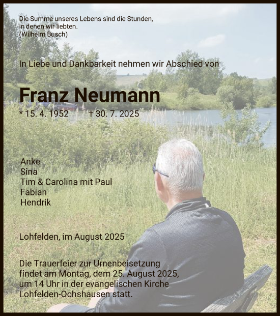 Traueranzeigen von Franz Neumann | Trauer.HNA.de