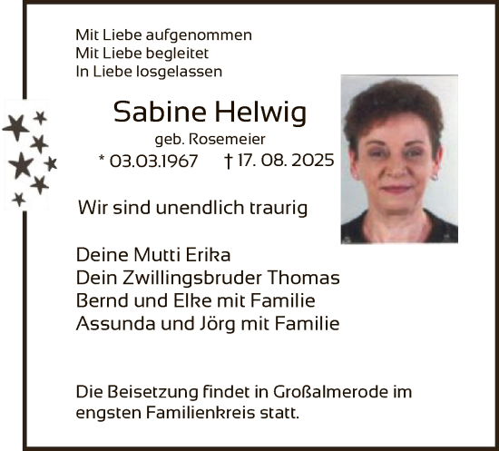 Traueranzeigen von Sabine Helwig | Trauer.HNA.de