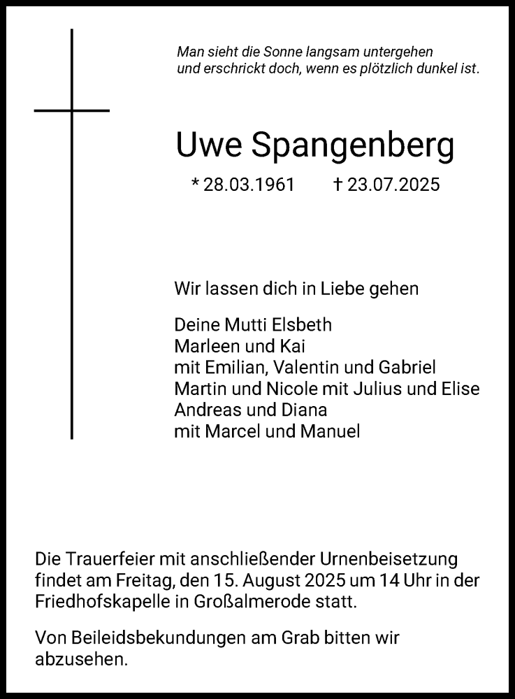 Traueranzeigen von Uwe Spangenberg | Trauer.HNA.de