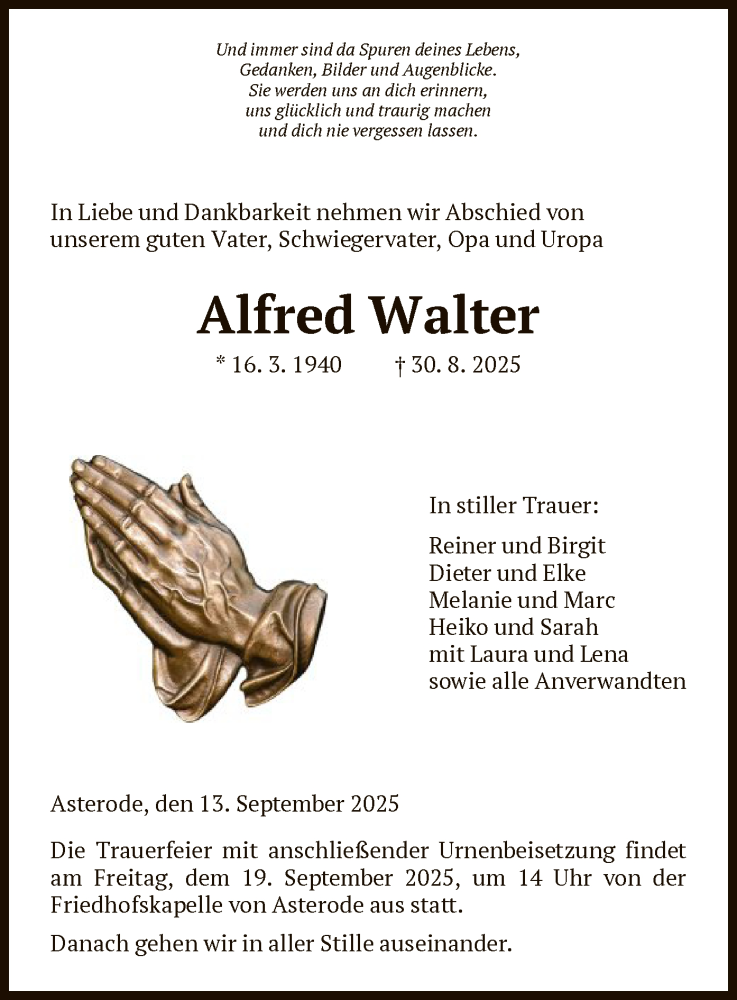 Traueranzeigen von Alfred Walter | Trauer.HNA.de