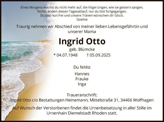 Traueranzeigen von Ingrid Otto | Trauer.HNA.de