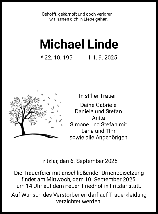 Traueranzeigen von Michael Linde | Trauer.HNA.de